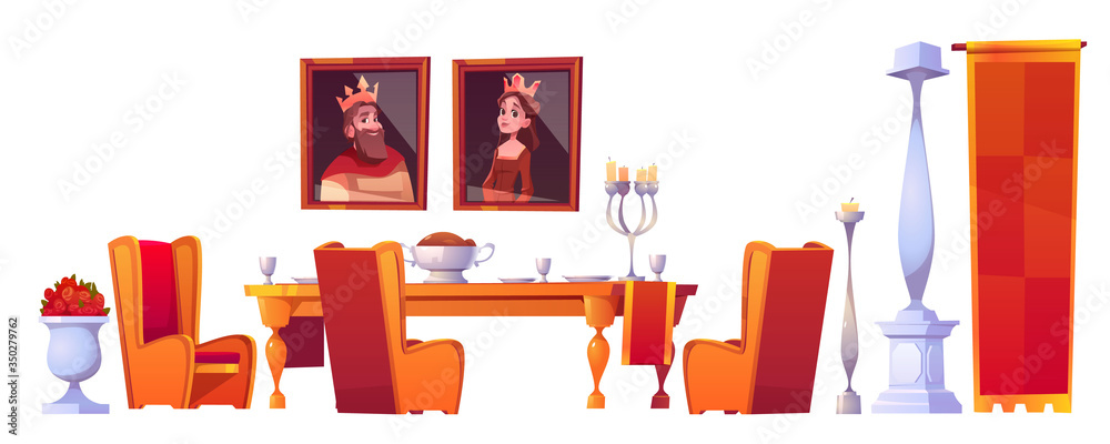 Feast table with food in castle dining room with utensil, goblets and ...