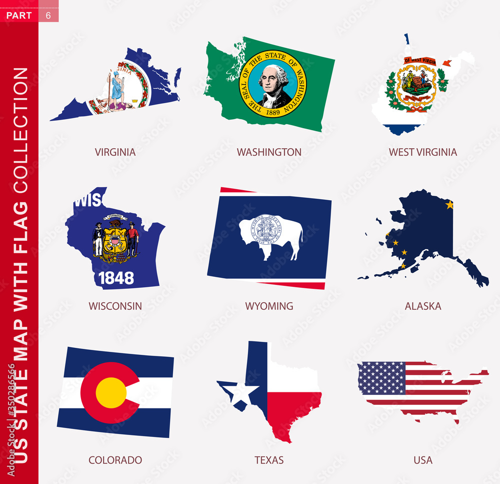 US State Maps with flag collection, nine USA map contour with flag ...