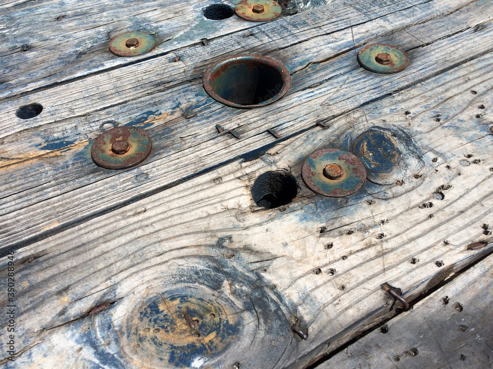 Rustic wood surface with bolts background design element on USS Iowa ...