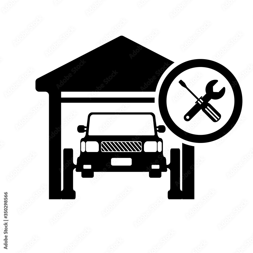 Flat icon of a car workshop. Garage with a lift and a sign of a wrench ...
