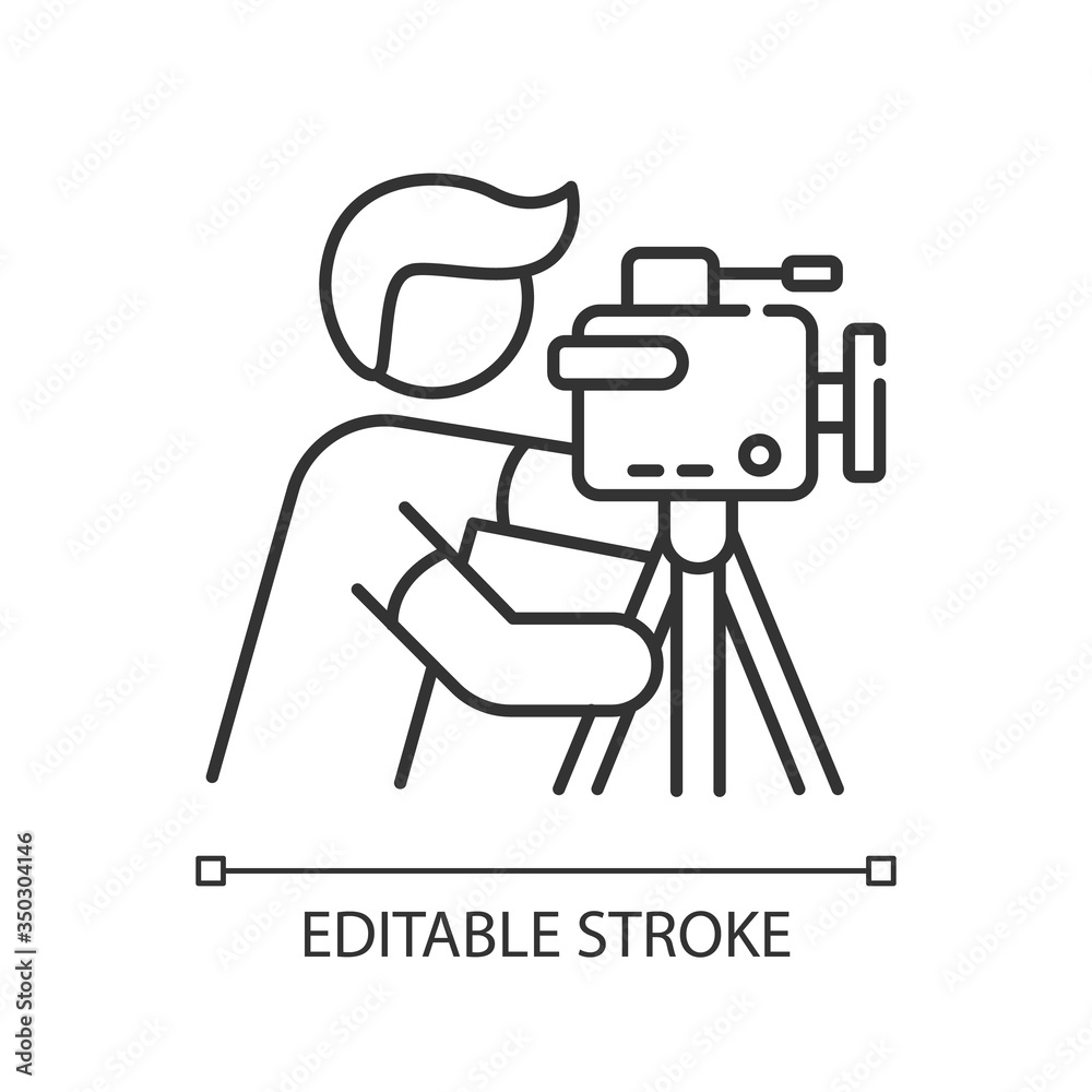 Cameraman pixel perfect linear icon. Filmmaking and videography ...