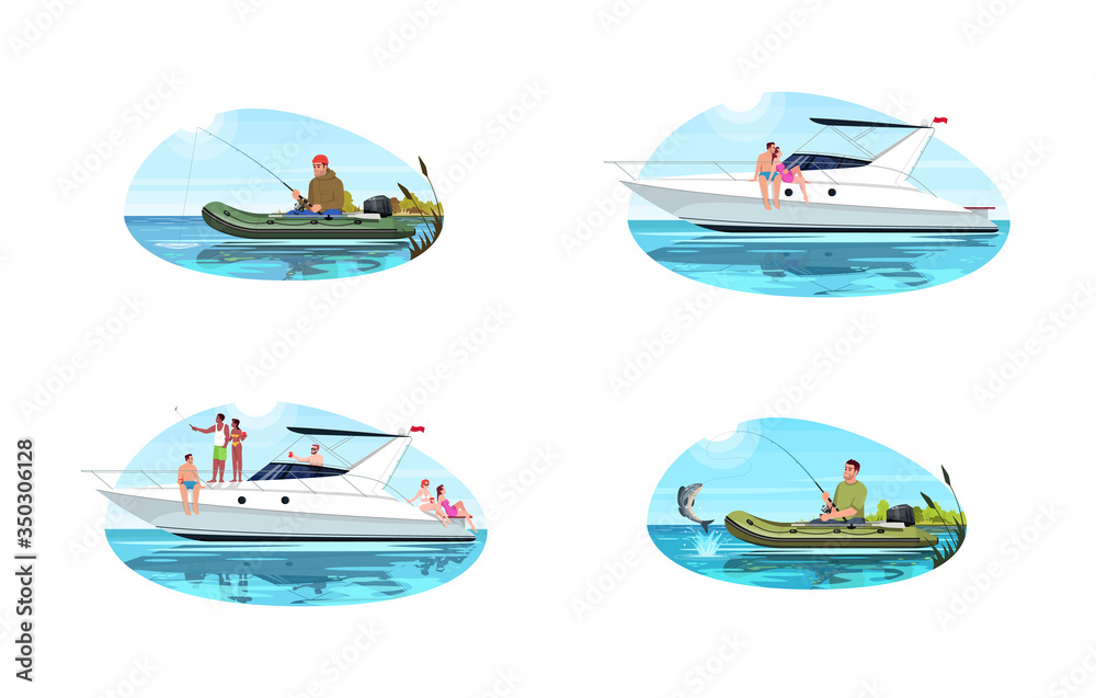 Speed boats for recreation semi flat vector illustration set. Man ...