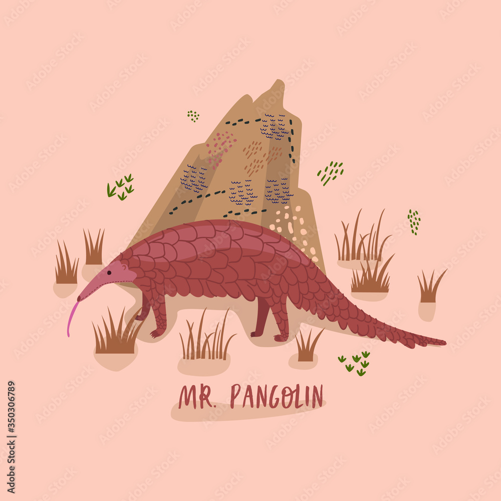 Vector cartoon illustration of a pangolin near a termite mound with the ...