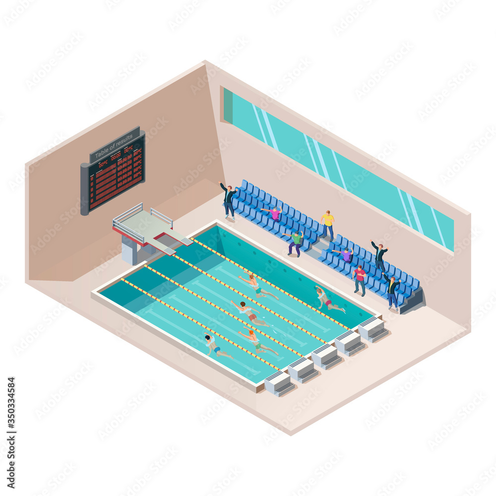 Vector isometric illustration of swim race in water pool. Swimming ...