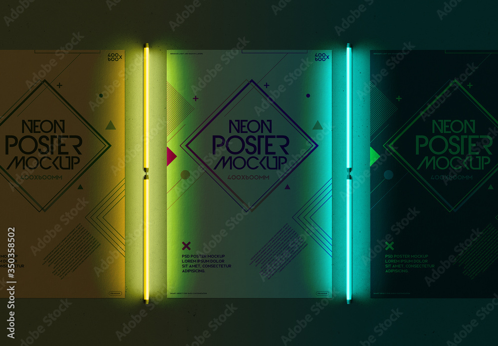 Posters and Neon Lights Mockup Stock Template | Adobe Stock