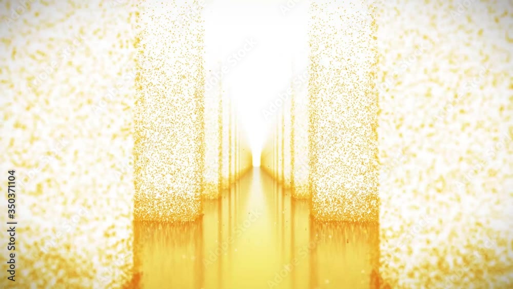 Rising golden particle pillars. Wonderful bright golden hall with ...