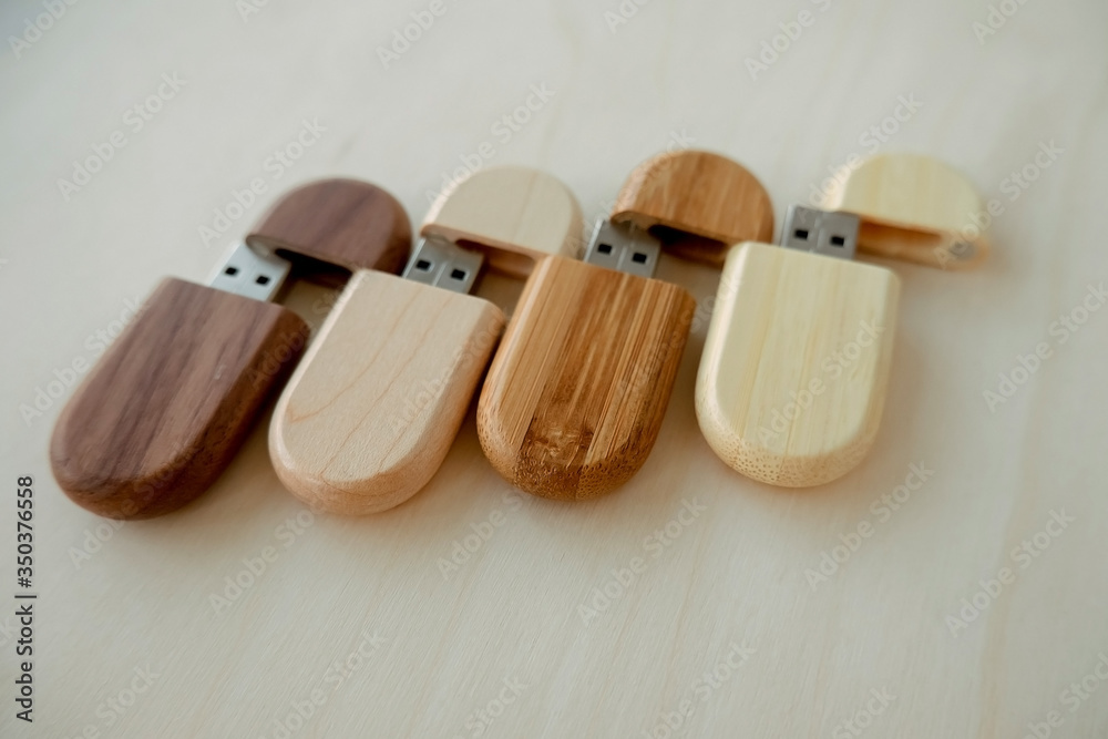 set of wooden brown usb flash drive, wooden packaging. Light and dark ...