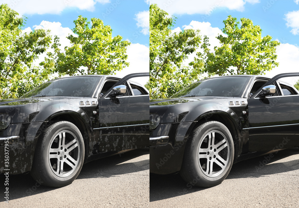 Modern black automobile before and after washing outdoors Stock Photo ...