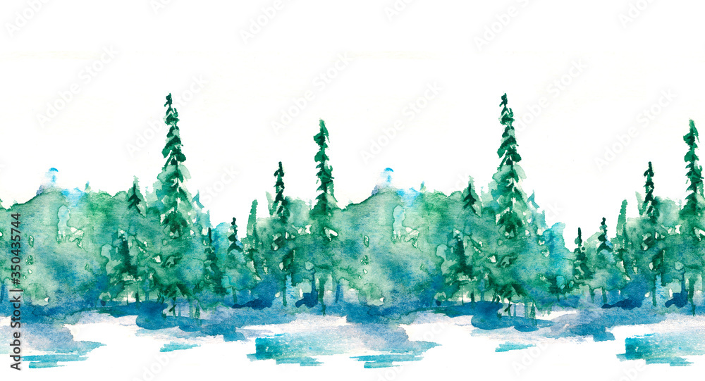 Watercolor group of trees - fir, pine, cedar, fir-tree. green forest ...