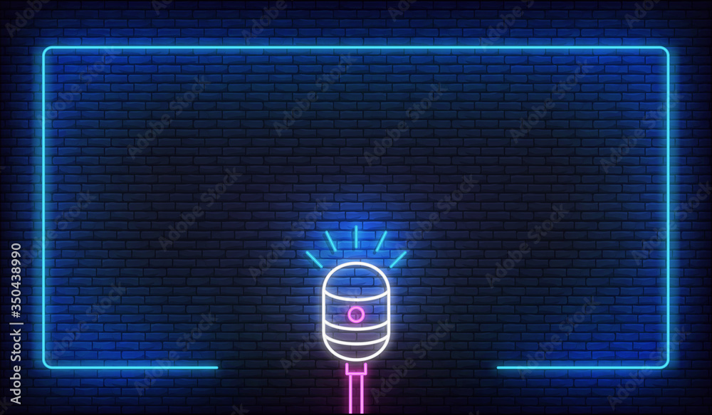 Neon microphone and border frame. Template for podcast, live music ...