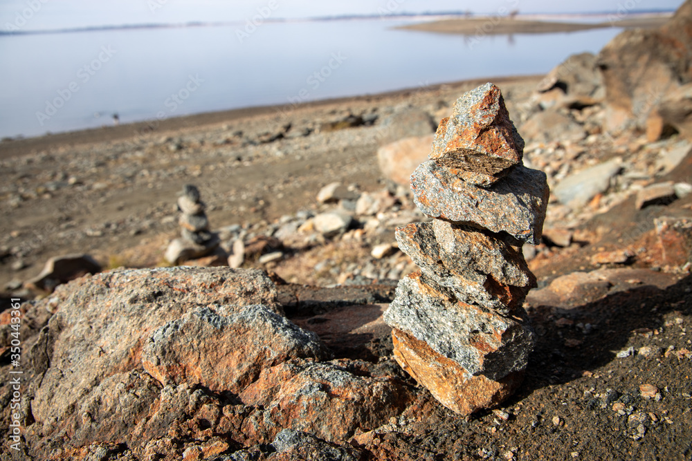 Trail Cairn to Mark Beach Route at Lake Folsom California Stock Photo ...