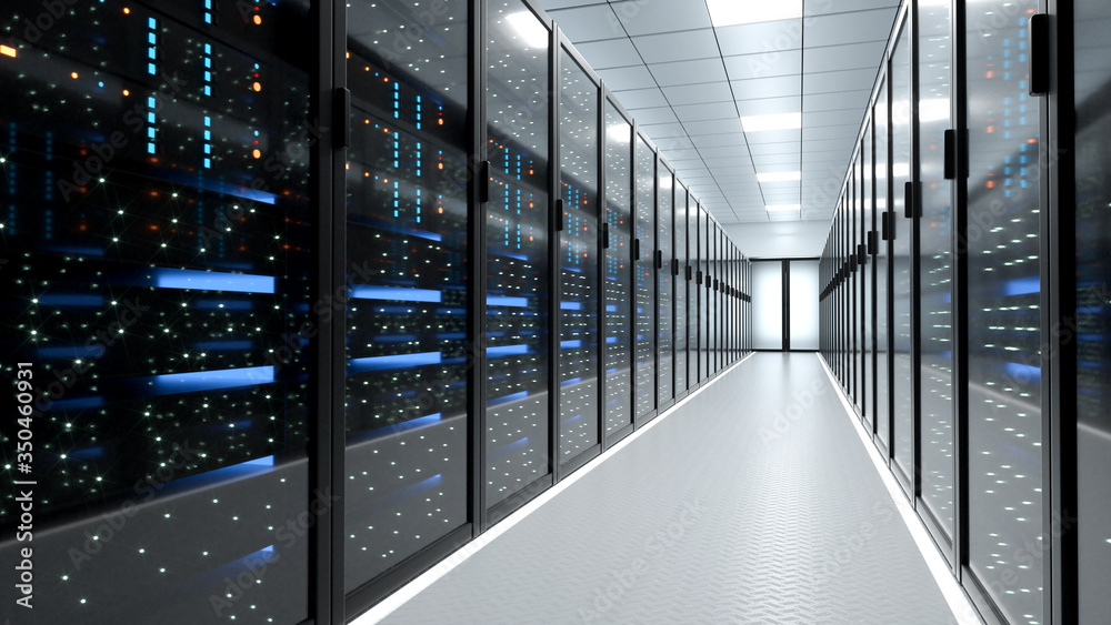 Working Data Center Full of Rack Servers and Supercomputers, Modern ...