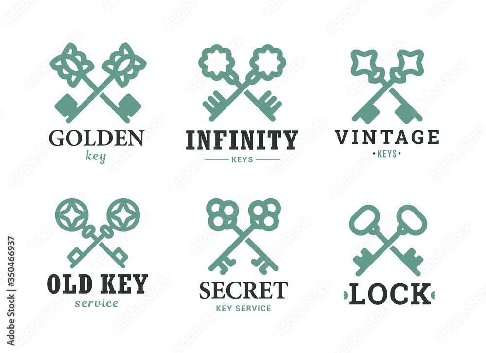 Vintage decorated key flat icon set. Old elegant keys emblem, key ...