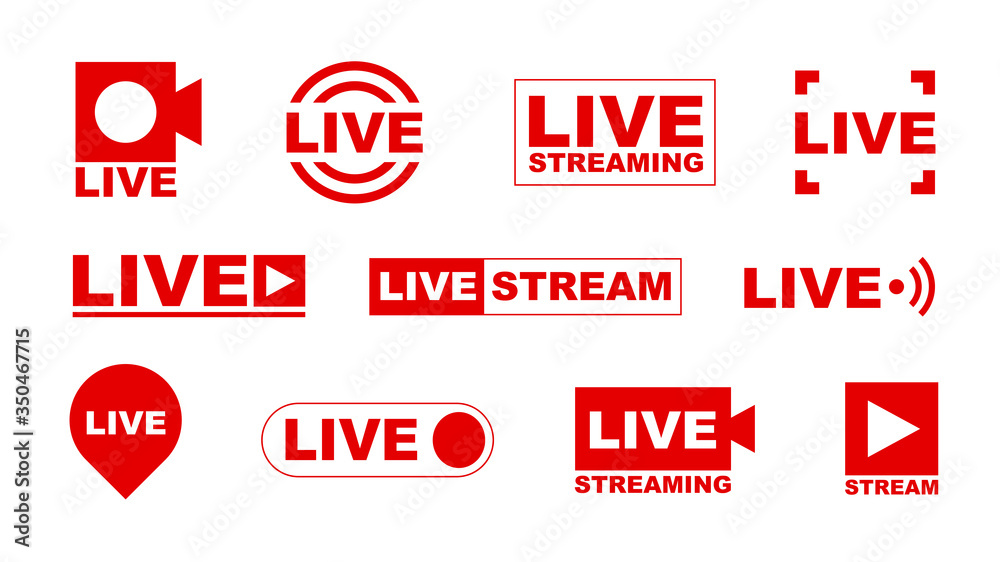 Live streaming flat icon set. Stream screen banners live event stickers ...