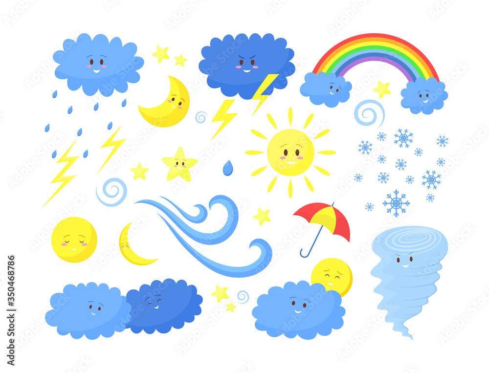 Cute weather flat icon set. Cartoon rain clouds, sun, rainbow, moon ...