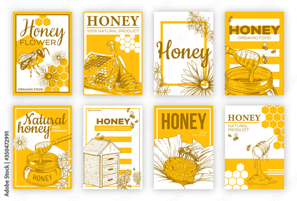 Honey sketch flat poster set. Design of flyers with bees, honeycomb ...