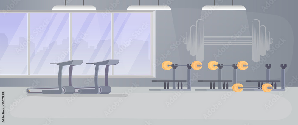 Modern sport club gym. Cartoon vector interior with treadmill, barbell ...