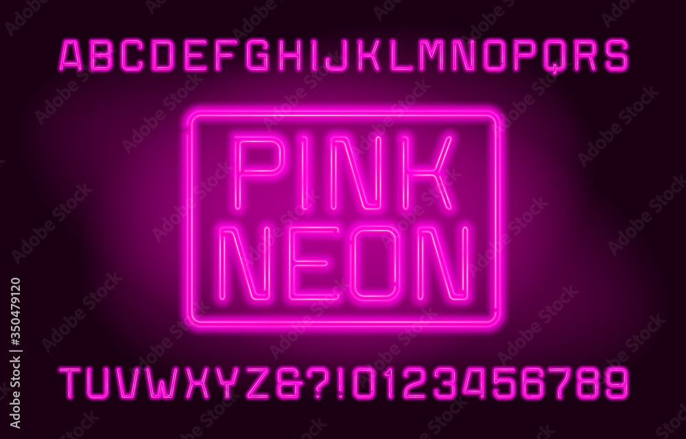 Pink Neon alphabet font. Vivid neon color letters and numbers. Stock ...