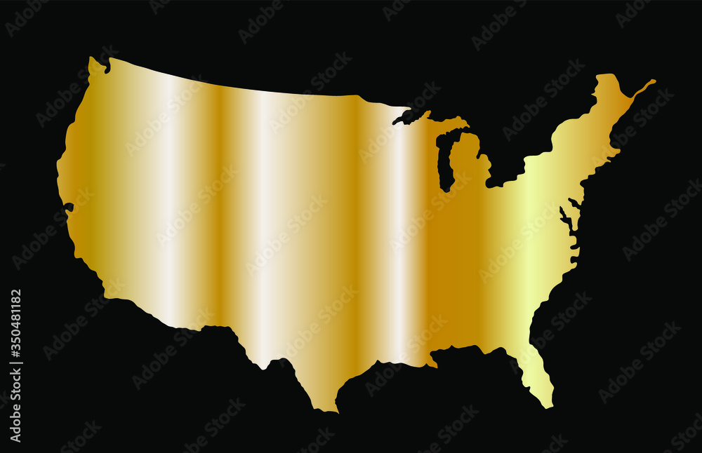 Gold USA map vector silhouette isolated on black background. United ...