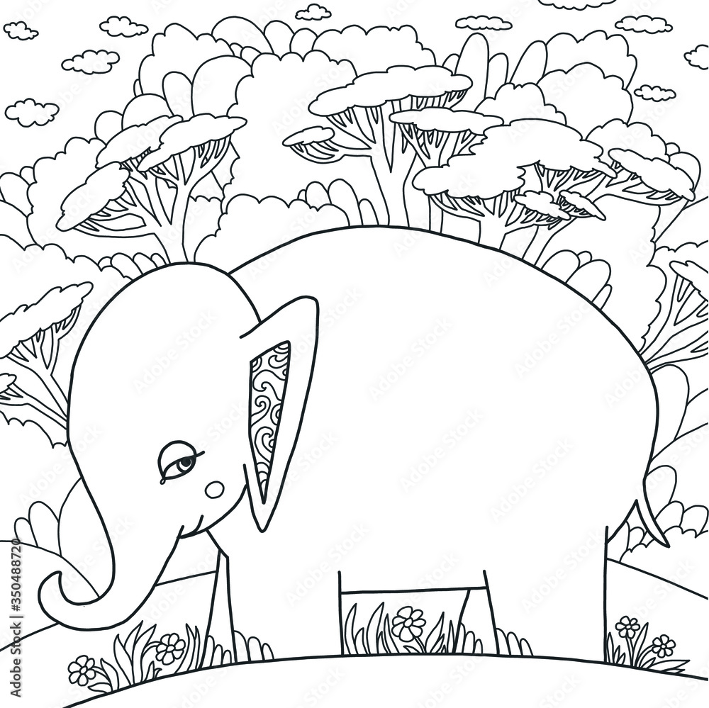 vector pattern elephant forest grass coloring book page black and white ...