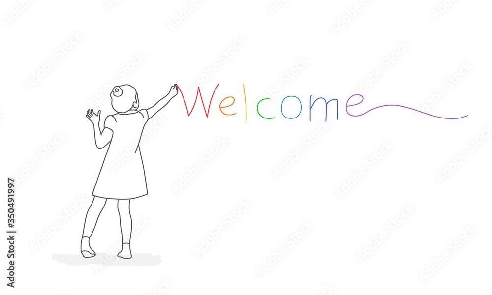 Girl writing on the wall "Welcome". Line drawing vector illustration ...
