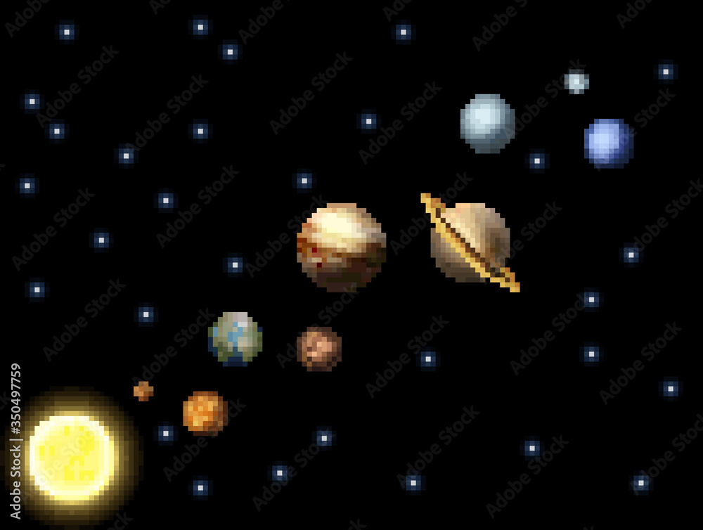 The Solar system in a retro 8 bit arcade video game pixel art style ...