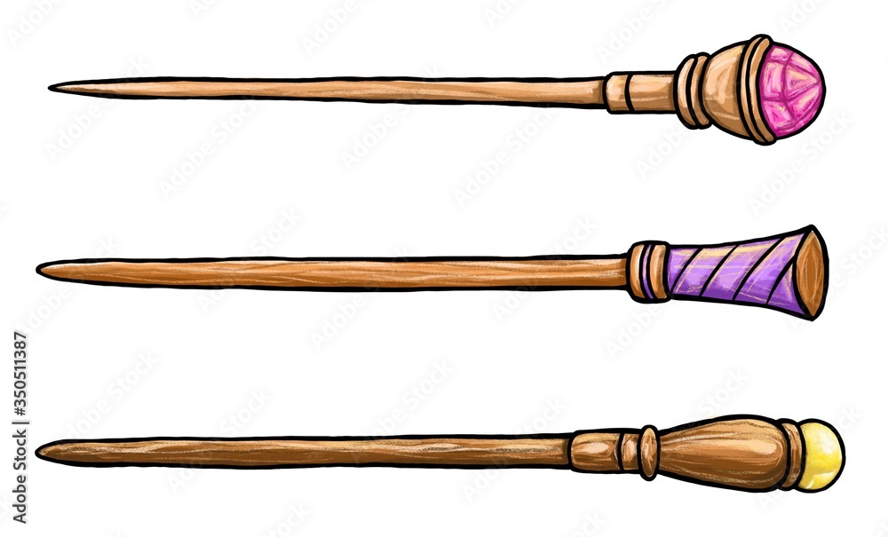 Set of three different wodden magic wands with gems. Magical items for ...