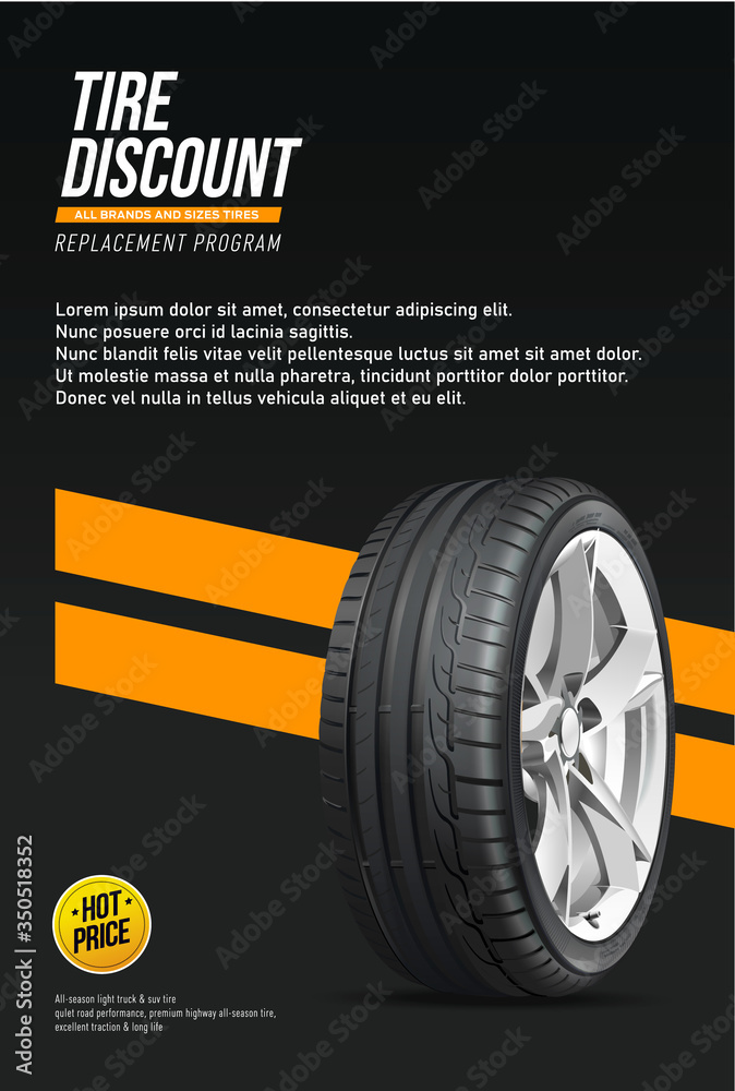 Vetor de Tire realistic banner. Car wheel repair and auto rubber ...