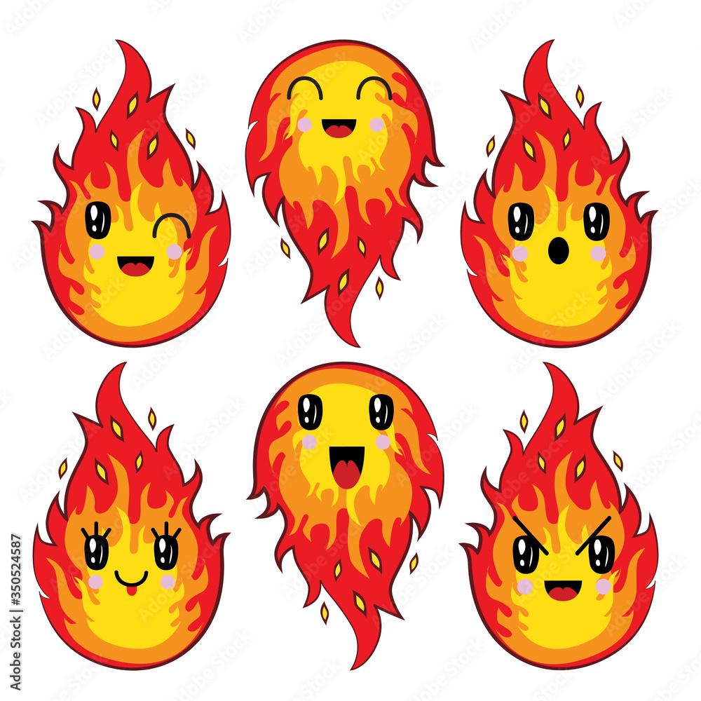 Vector illustration of cute fire cartoons in kawaii style. Vector ...