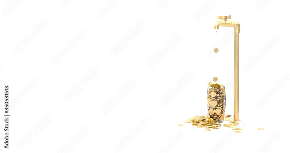 The gold dollar coin drop out of the water tap and falling on the jar ...