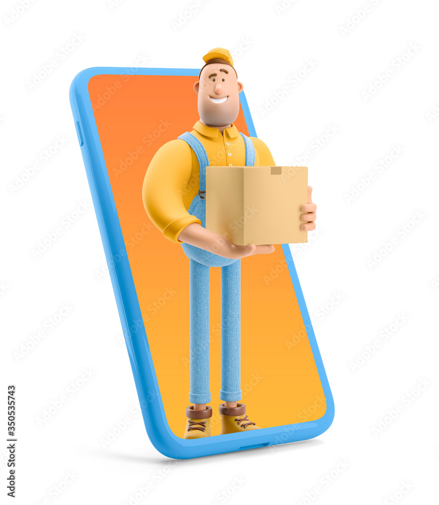 3d illustration. Cartoon character. Deliveryman in overalls standing ...