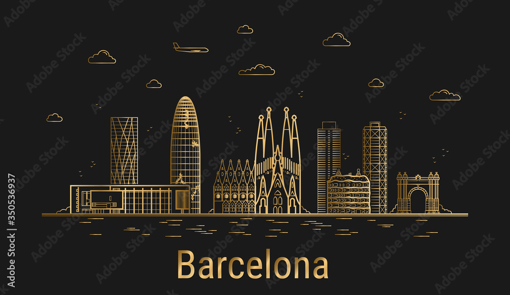 Barcelona city line art, golden architecture vector illustration ...