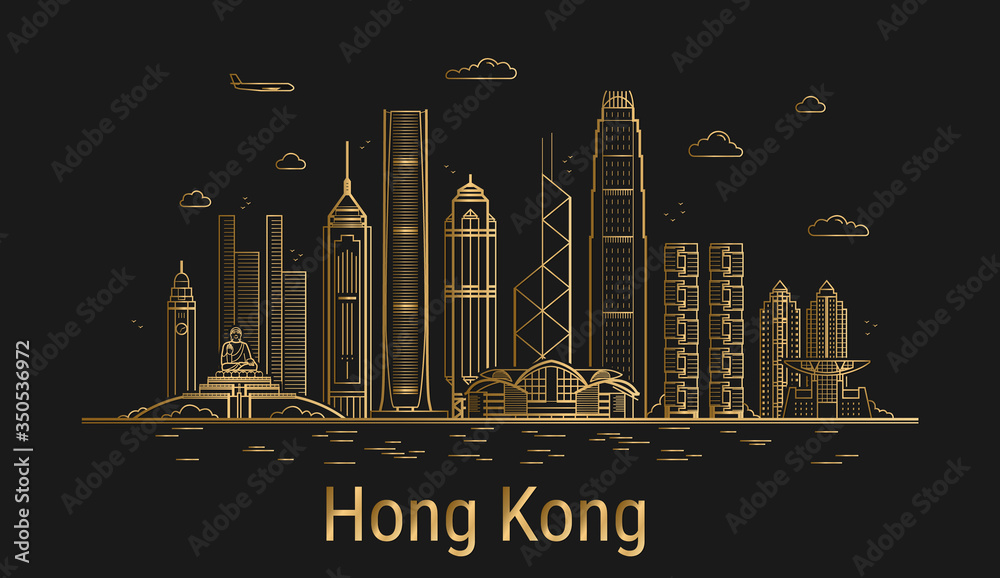 Hong Kong city line art, golden architecture vector illustration ...
