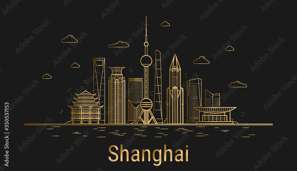 Shanghai city line art, golden architecture vector illustration ...
