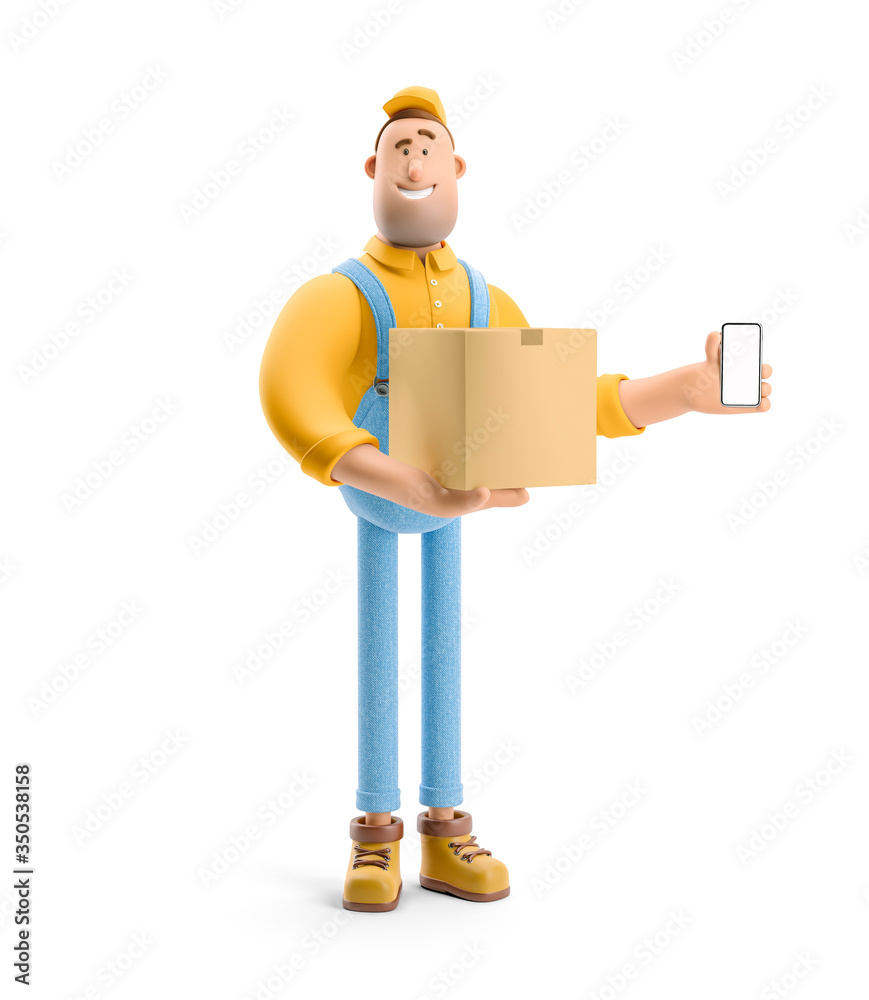 3d illustration. Cartoon character. Deliveryman in overalls holds a box ...