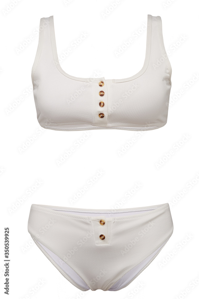 Detailed shot of a white two-piece swimsuit consists of a t-shirt bra ...