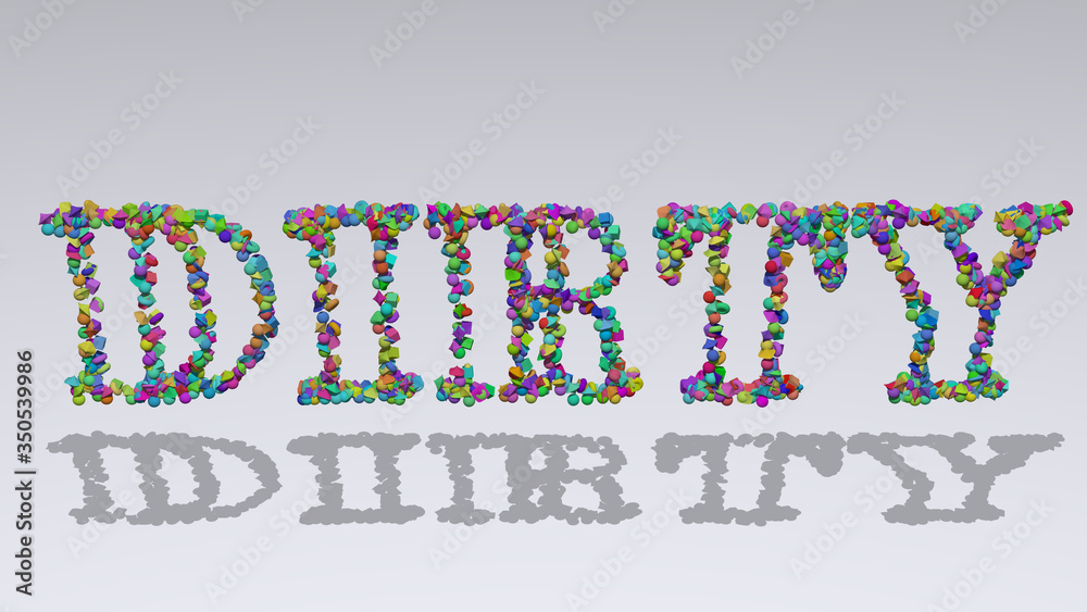 DIRTY: 3D illustration of the text made of small objects over a white ...