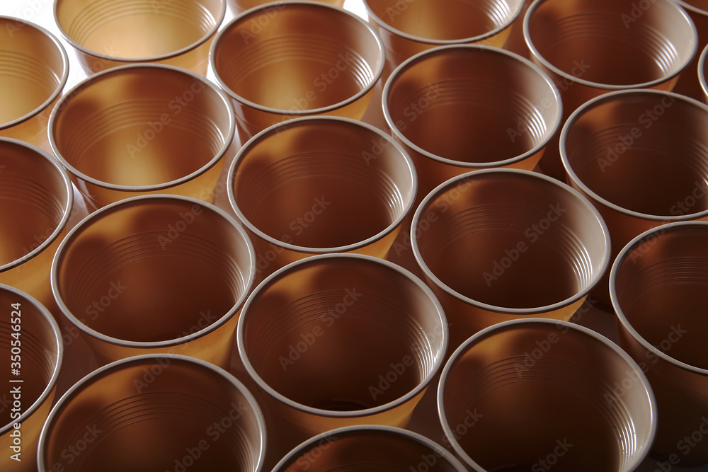 Top view endless set of plastic cups for single use coffee. Concept of ...