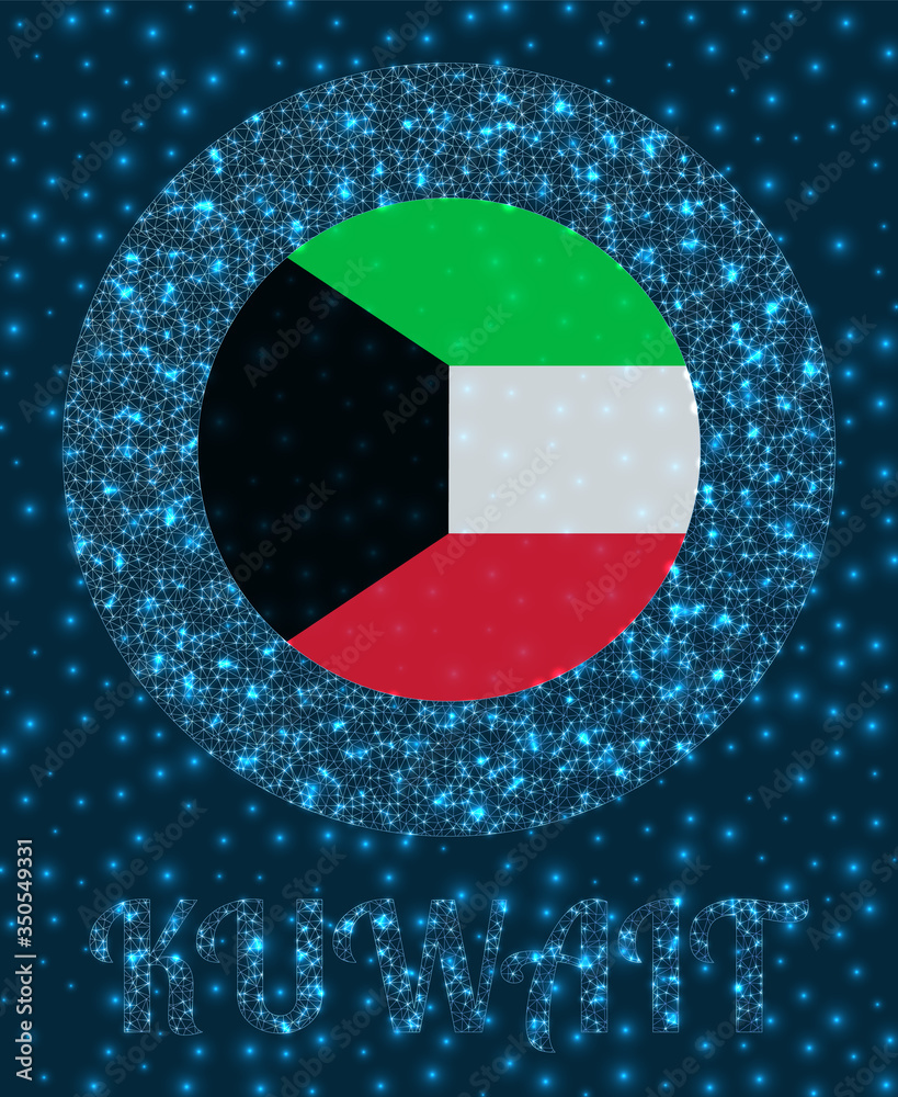 Round Kuwait badge. Flag of Kuwait in glowing network mesh style ...