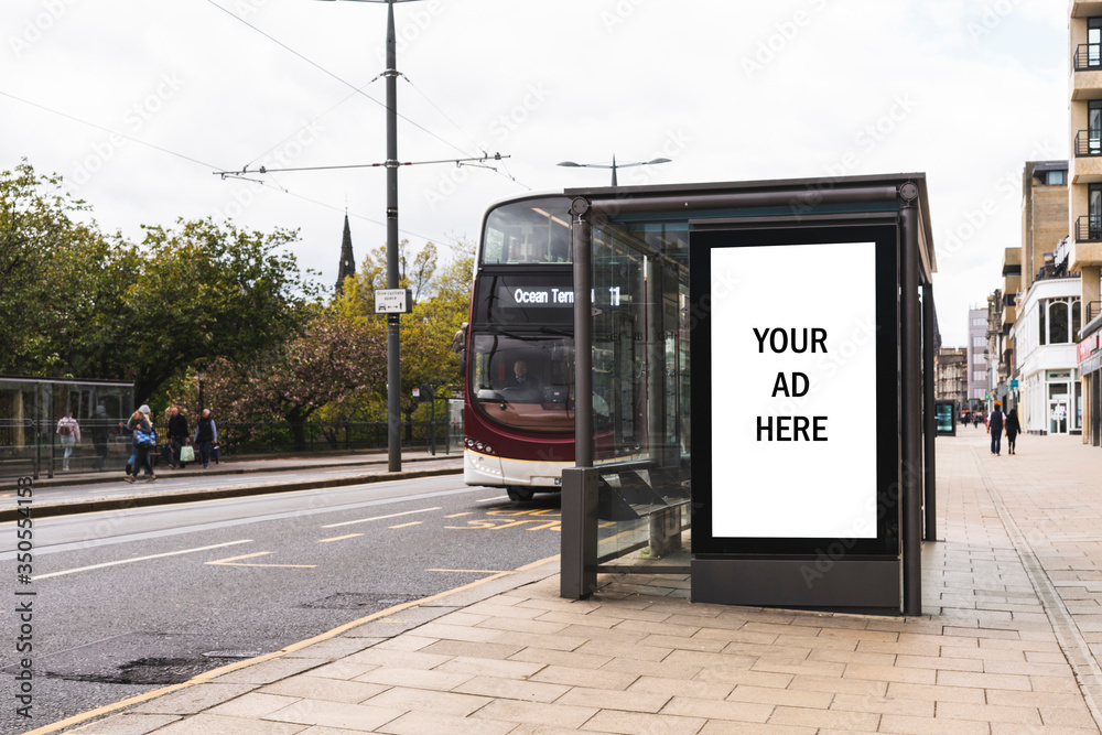Empty advertising light box. Billboard on a bus stop. Your ad. Bus in ...
