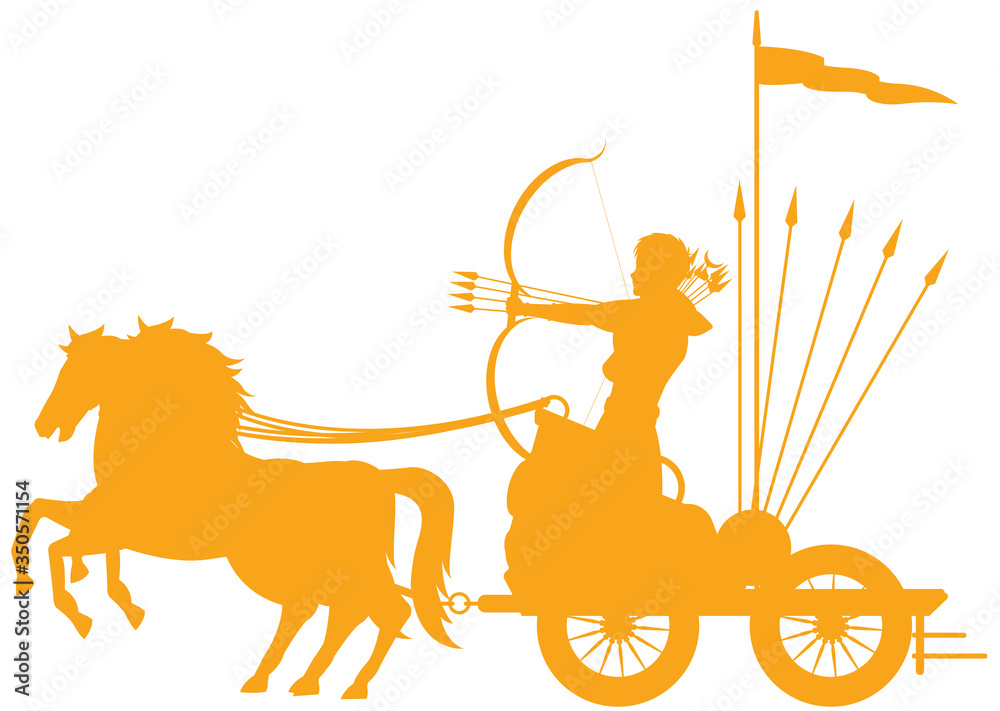 Archer Character with Golden Chariot and 2 Horse Vector Silhouette ...