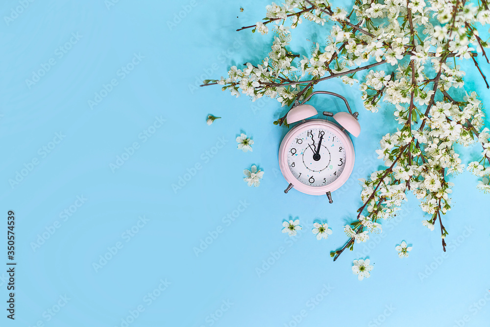 Pink alarm clock and delicate little white flowers on blue background ...