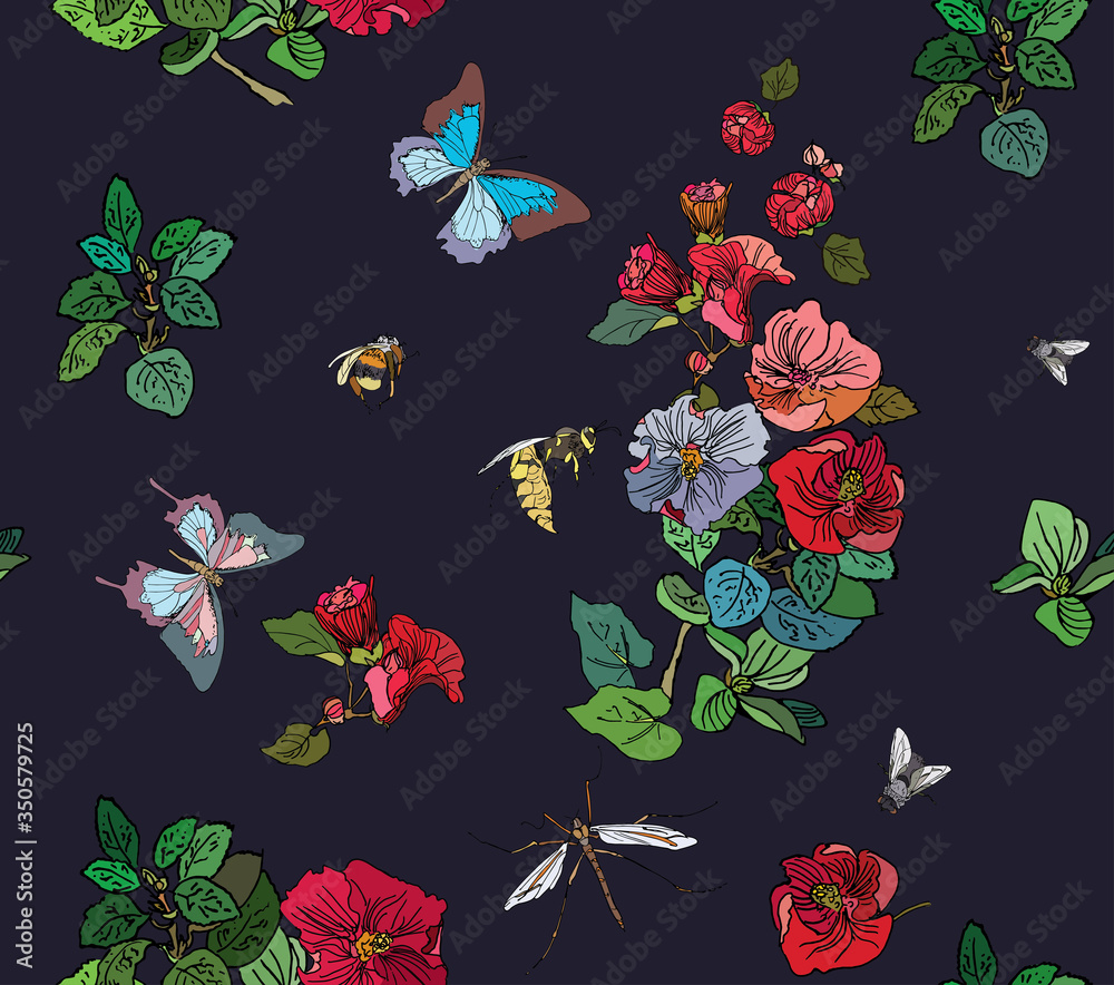 Colorful Herbal Plants with Insects on Dark Background, Floral Seamless ...