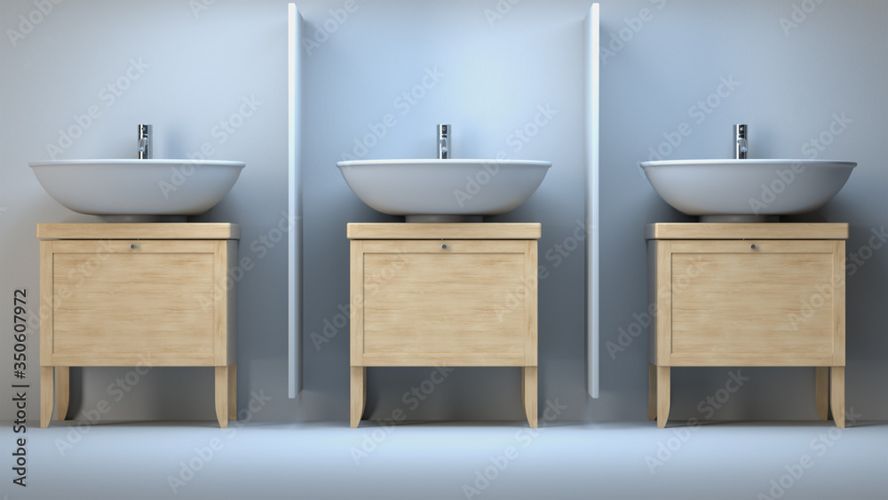 3d Render Three White Sinks Between Partitions With Wooden Pedestal In