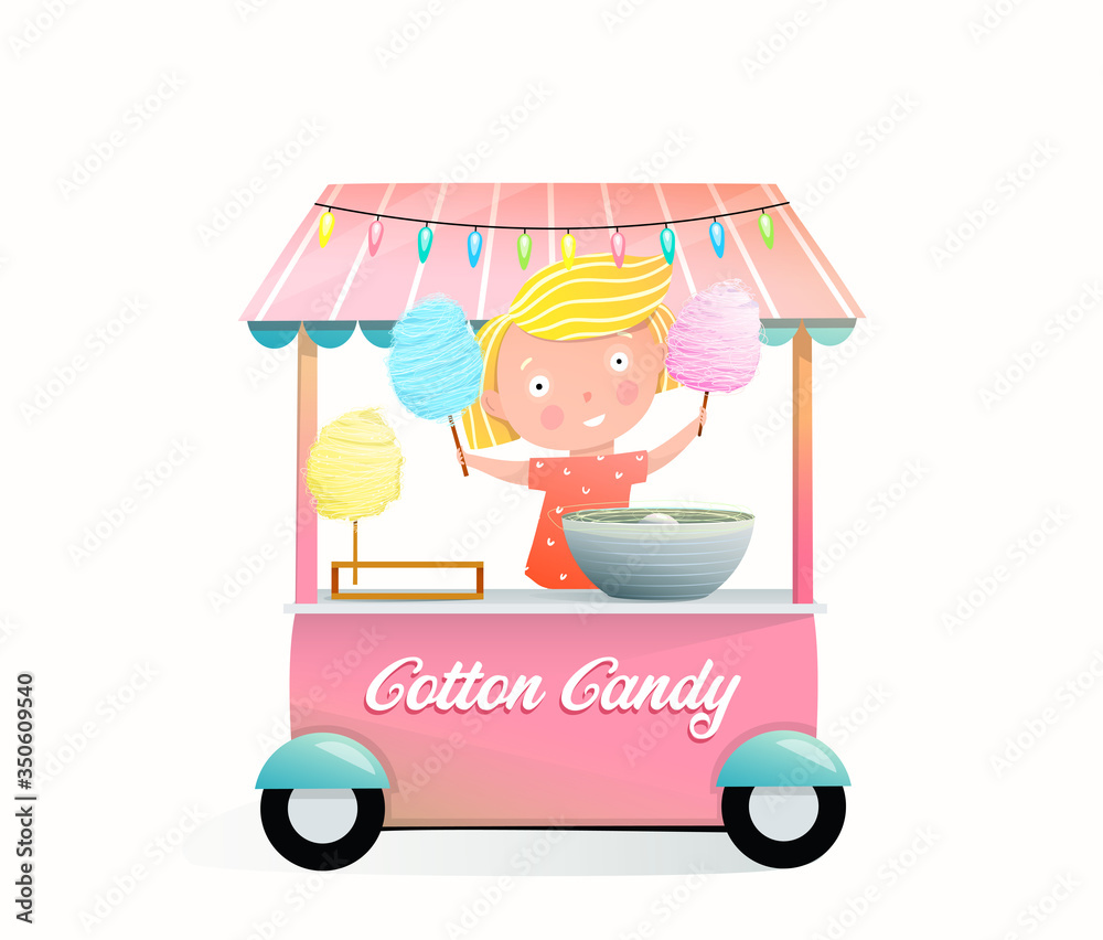 Little girl selling cotton candy, from the street stall with candy ...
