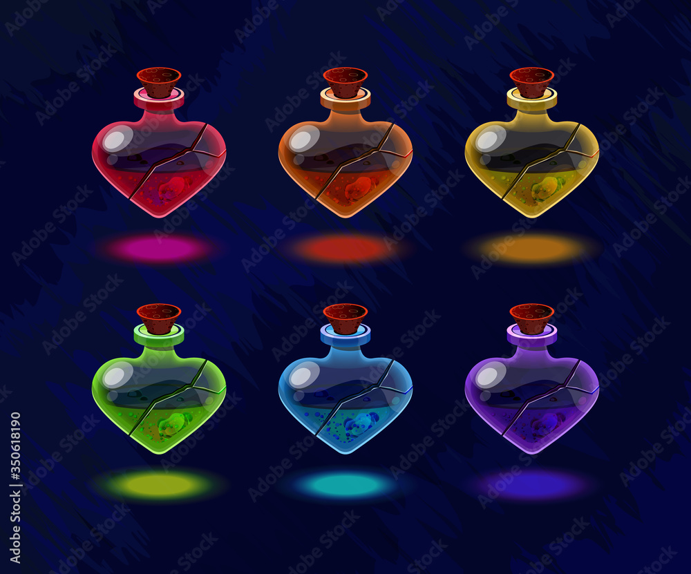 A set of isolated vector icons. Magic alchemical bottles in the shape ...
