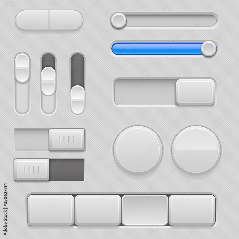 Gray web buttons with blue design elements. Push buttons, toggle switch ...