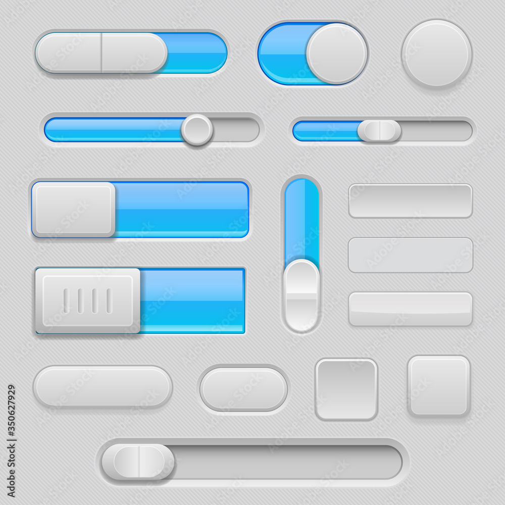 Gray web buttons with blue design elements. Push buttons, toggle switch buttons and sliders ...