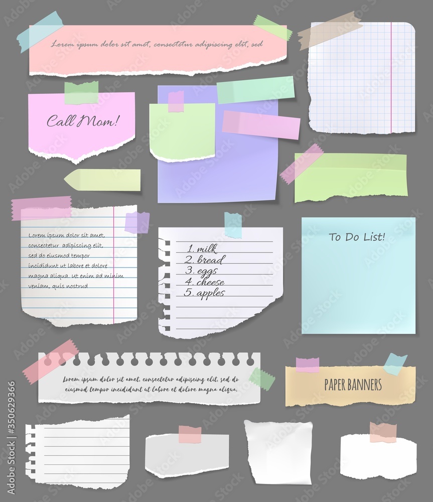 Torn paper pieces, notebook sheets and scrapbooking vector elements ...