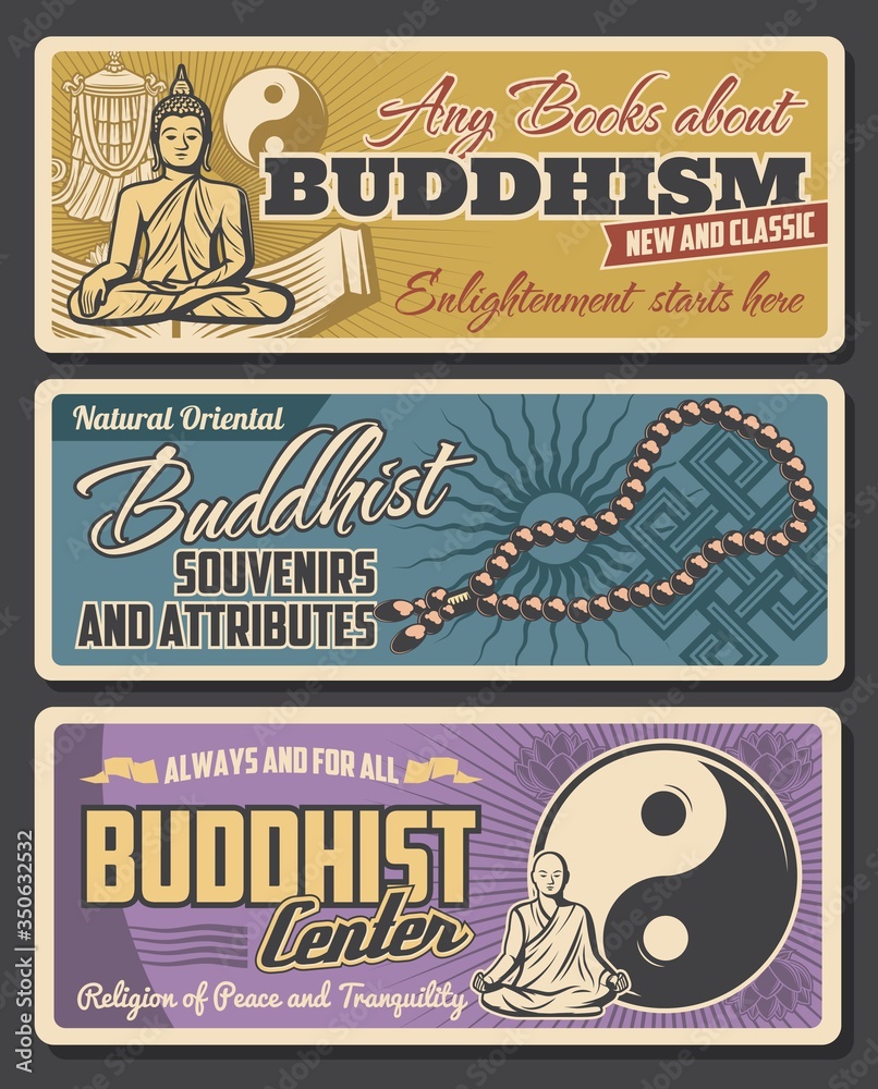 Buddhism religion retro vector banners. Vintage Buddhist symbolic yin ...